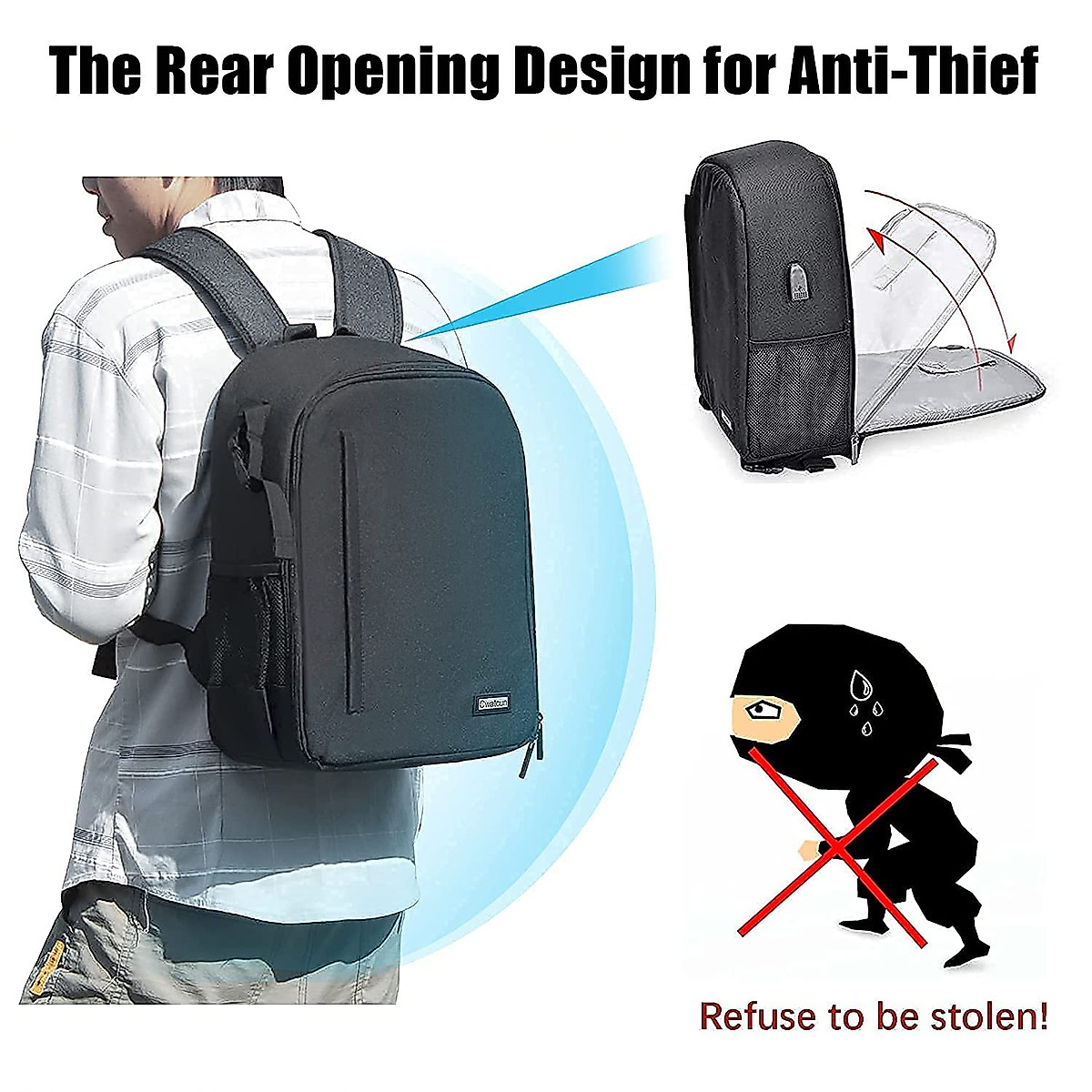 Cwatcun Camera Backpack with USB,Rain Cover,fit 15.6" Laptop,Anti-Theft Rear Open Camera Bag,Waterproof Camera Case with Tripod Straps for Canon Nikon Sony DSLR SLR Photography Bag Unisex(III-L-Black)