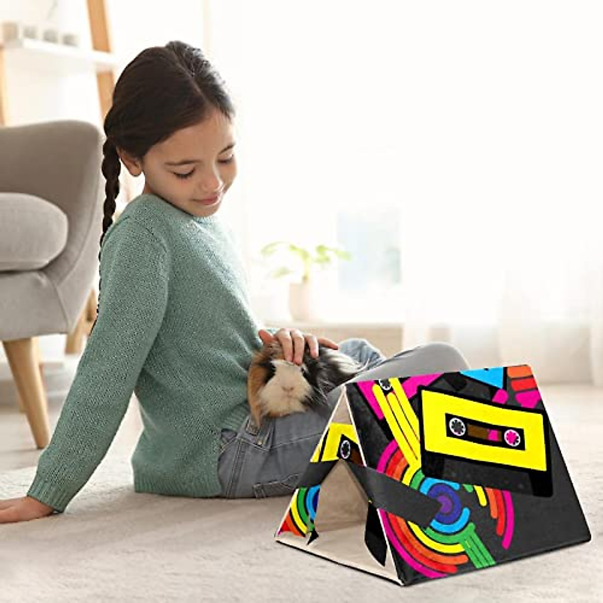 RATGDN Small Pet Hideout Retro Audio Cassette Tapes Rainbow Hamster House Guinea Pig Playhouse for Dwarf Rabbits Hedgehogs Chinchillas