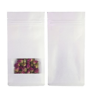 QQ Studio Pack of 100 White Kraft Side Gusset Flat Bottom w/Translucent Display Window Stand-Up Zip Seal Bags (10x20+6cm (3.9x7.8+2.3"))