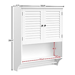 Lavish Home Wall-Mounted Bathroom Organizer – Medicine Cabinet or Over-The-Toilet Storage with Stylish Shutter Doors and Towel Bar, White
