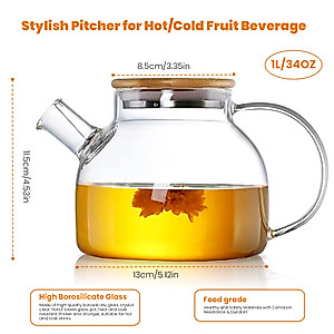 Glass Pitcher with Bamboo Lid, Glass Teapot Stovetop & Microwave Safe, Glass Borosilicate Teapot with Removable Filter Spout, 34oz/1000ml, Teapot for Loose Leaf and Blooming Tea and Fruit Tea