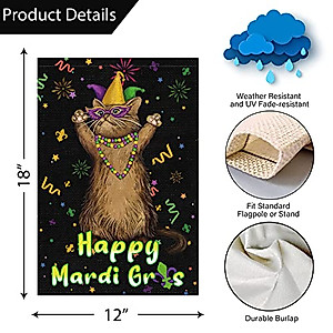 Mardi Gras Garden Flag 12x18 Double Sided Vertical, Burlap Small Masquerade Cat Garden Yard House Flags Fleur de Lis Beads Outside Outdoor New Orleans Carnival Decoration (ONLY FLAG)
