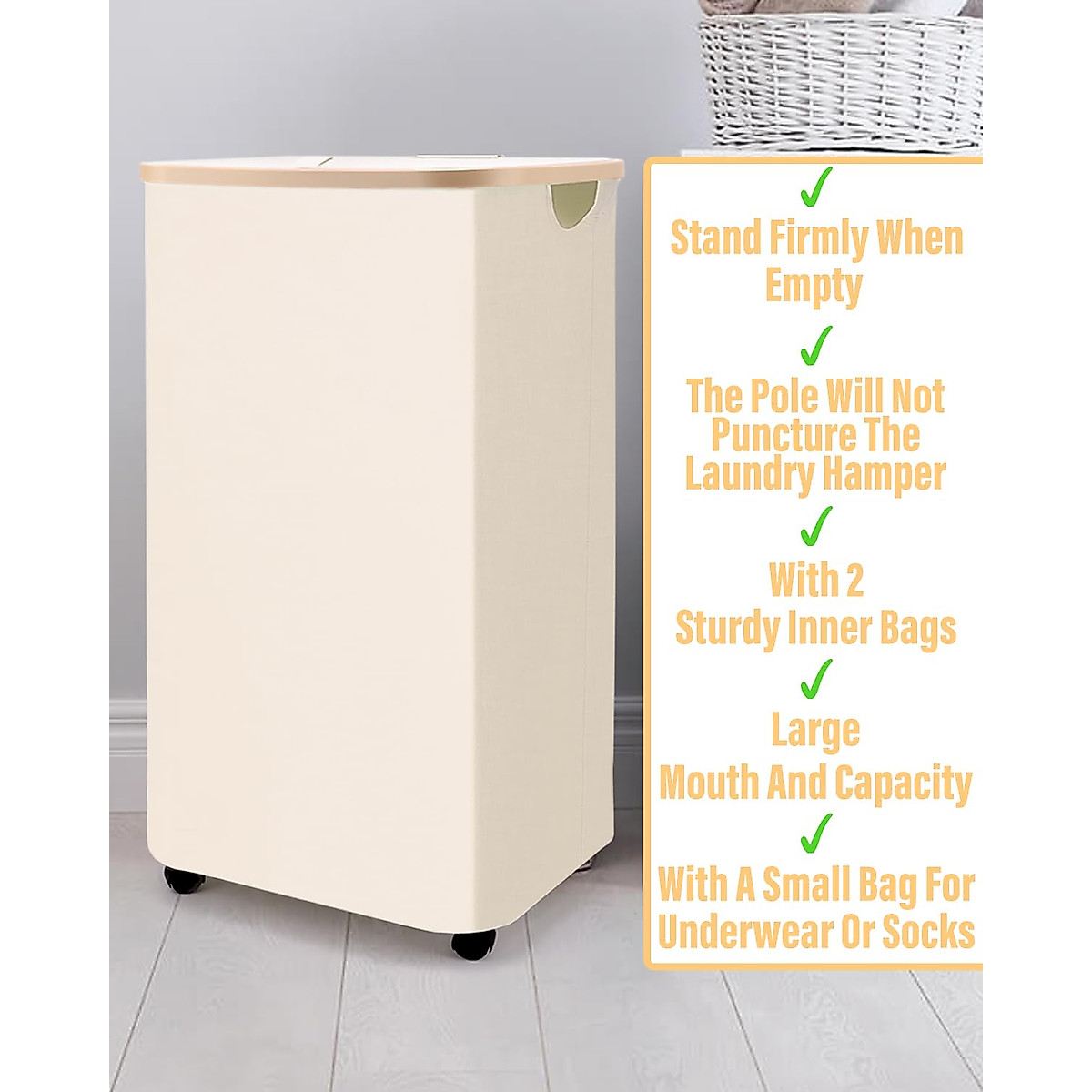 100L Laundry Hamper With Wheels,Large Collapsible Rolling Laundry Basket,Dirty Clothes Hamper With Lid in Laundry Room Bedroom Bathroom College Dorm for Adults,Beige