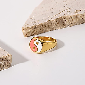 Yin and Yang Pink and White Round Signet Band Ring for Women Hypoallergenic Stainless Steel 18K Gold Plated Fashion Dainty Middle Finger Ring Tai Chi Balance Chinese Taoism Zen Spirit Talisman Statement Ba Gua Feng Shui BFF Birthday Size 6-8 (6)