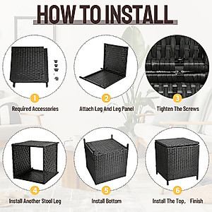 DoubleFill 2 Pcs Wicker Side Table with Storage PE Rattan Wicker Ottoman Small Patio Outdoor Storage Box 11.8 Gallon Square Outdoor Foot Stool Footrest Footstool for Porch, 15.75 x 15.75 x 17.72