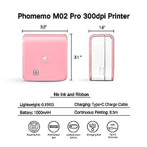 Phomemo M02 Pro Pocket Printer - with 3 Rolls Transparent Gold Paper， Compatible with iOS + Android for Plan Journal, Study Notes, Art Creation, Work, Gift