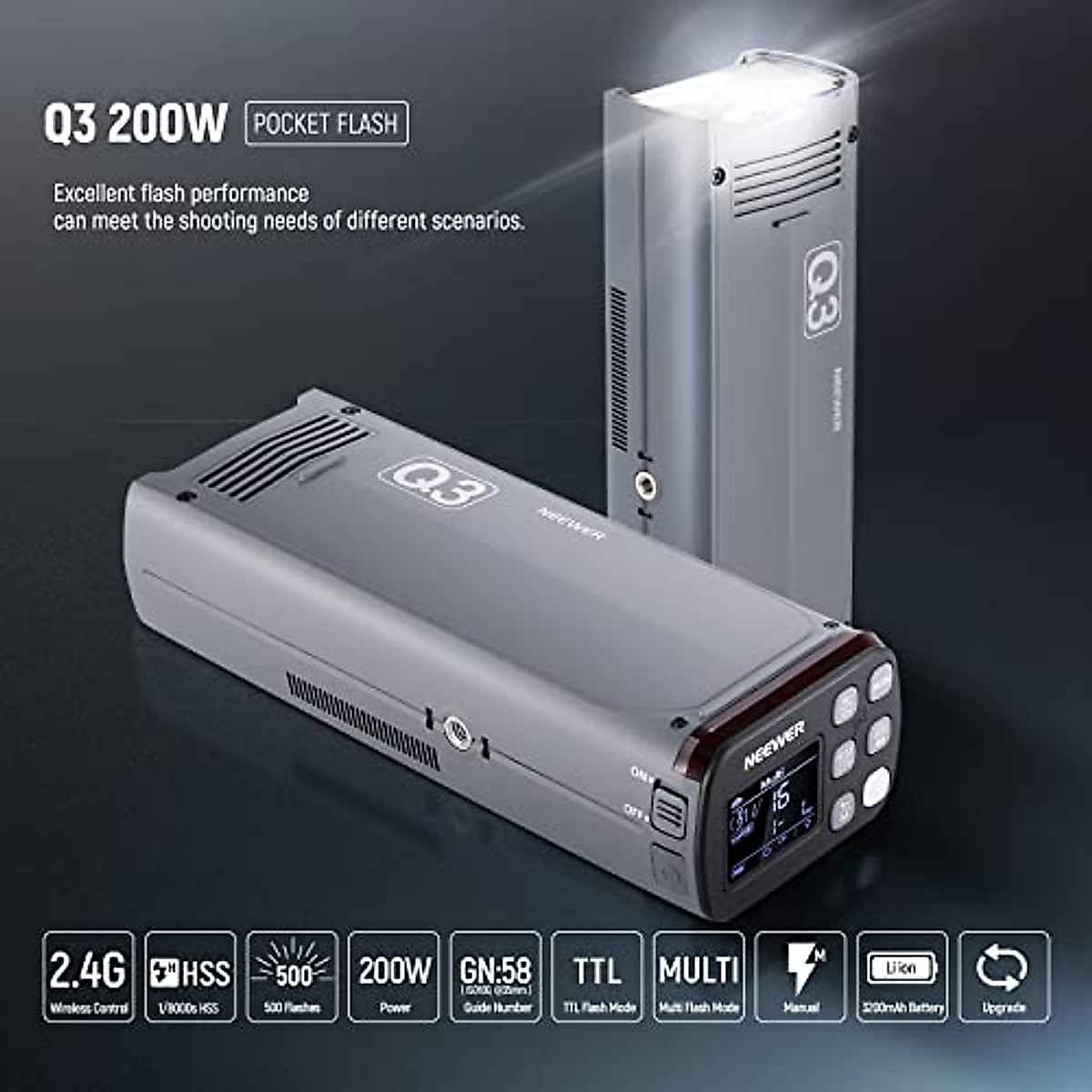 NEEWER Q3 200Ws 2.4G TTL Flash (2nd Version), 1/8000 HSS GN58 Strobe Light Portable Photography Monolight with Softbox Diffuser/3200mAh Lithium Battery/500 Full Power Pops/Recycle in 0.01-1.8s