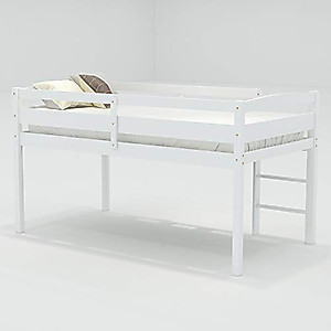 Harper & Bright Designs Low Loft Bed Twin Size, Twin Loft Bed Frame with Ladder and Safety Guardrails, Wood Loft Bed for Kids, Toddlers, Teens (Twin, White)