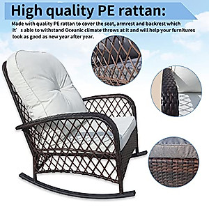 LoochMee PE White Rattan Rocker Chair,Garden Patio Wicker Rocking Chair/Furniture Sets with White Cushion,Modern Style for Outdoor&Indoor,Comfy Rocking Motion (White)