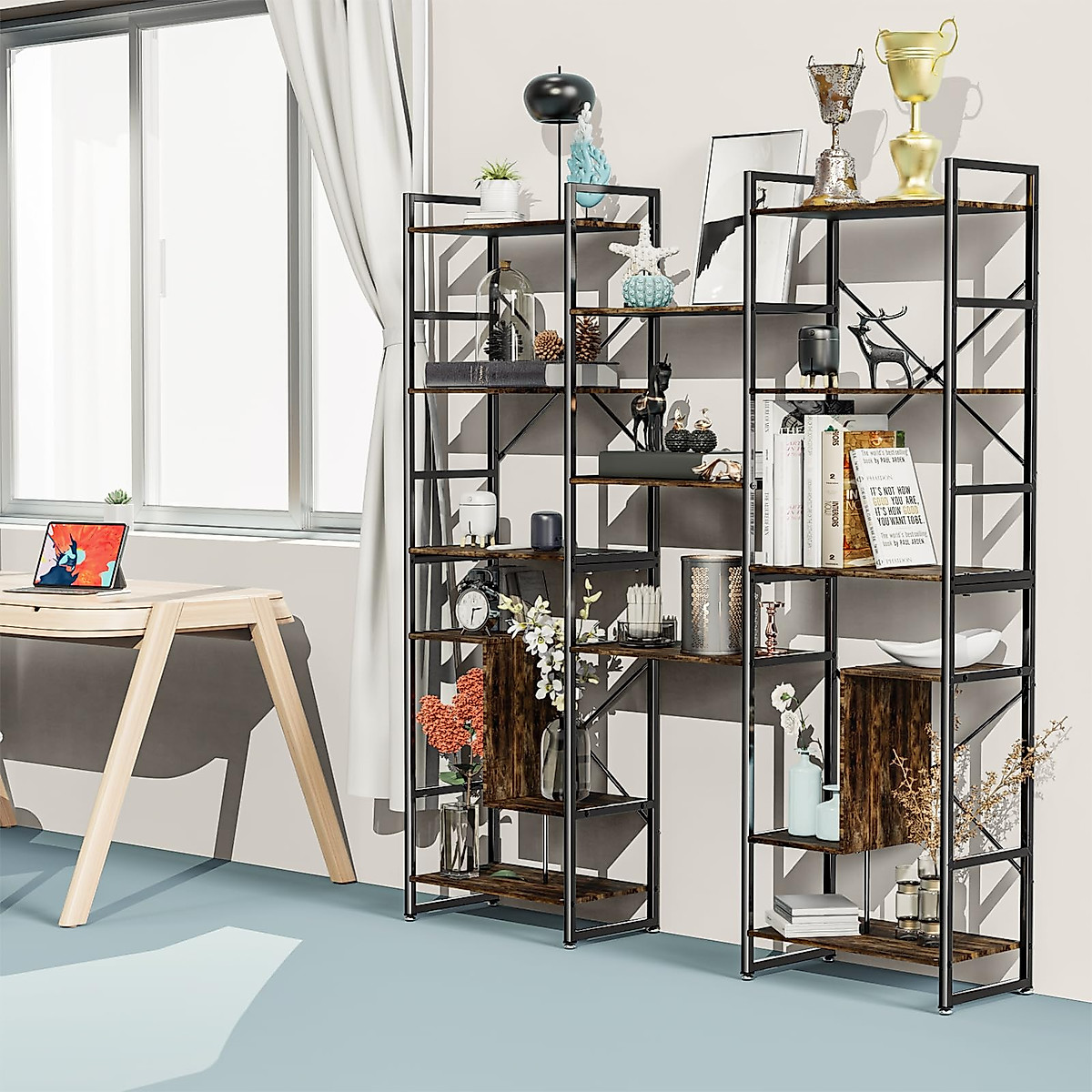 BALLMENT Large Bookshelf,Triple Wide 5 Tier Book Shelf,Industrial Metal Bookacse with 15 Open Display Shelves,Modern Rustic Brown Bookshelve for Office, Living Room,Kitchen,Library - Rustic Brown