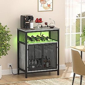 Unikito Wine Bar Cabinet with RGB Light and Outlet, FreeStanding Wine Rack Table, Liquor Cabinet with Glass Holder, Floor Bar Cabinet for Liquor and Glasses for Home Kitchen Dining Room, White Oak