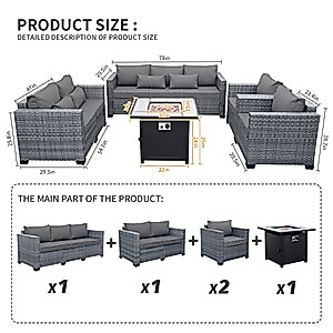 Valita Patio Rattan Furniture Set with Gas Fire Pit Table,5-Piece All Weather Gray Outdoor PE Wicker Resin Chairs and Couch,Sectional Conversation Sofa Set with Gray Cushions