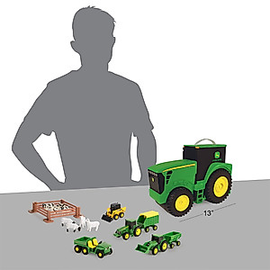 John Deere Value Set and Carrying Case - Portable Tractor-Shaped Carrying Case with 10 Compartments - Farm Toys - 18 Count - 3 Years and Up,Black/ Green/ Yellow