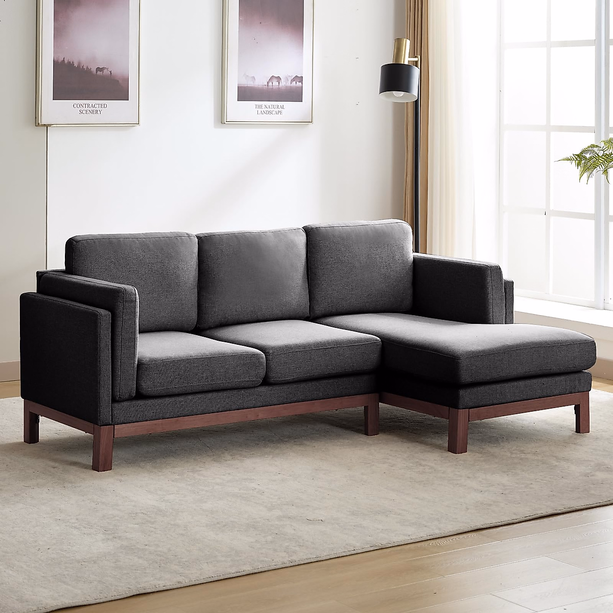 Mjkone 84-Inch Convertible Sectional Sofa Couch with 7" Thick Cushion, Upholstered Linen Fabric L-Shaped Couch, 3-Seat Sofa Sectional with Chaise Lounge for Living Room, Apartment(Dark Grey)