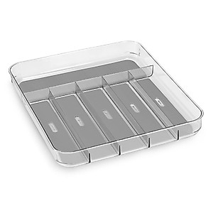 madesmart Antimicrobial Clear Soft Grip Large Silverware Tray, Non-Slip Kitchen Drawer Organizer, 6 Compartments, Multi-Purpose Home Organization, EPA Certified, Light Grey