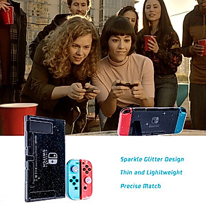 FANPL Glitter Clear Case for Nintendo Switch, Hard Shell Dockable Protective Case Cover for Switch and Joy Con Controller with 2 Bling Thumb Grips (Transparent)
