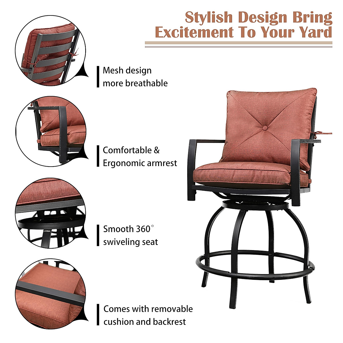 LOKATSE HOME Patio Height Set of 2 Outdoor Swivel Bar Stools with Seat and Back Cushions, 2 Chairs, Red