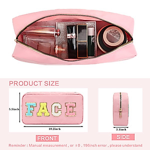 DYSHAYEN Nylon Cosmetic Bag Preppy Face Care Makeup Bag for Women Travel Toiletry Organizer with Chenille Letter Patches (Pink-FACE)