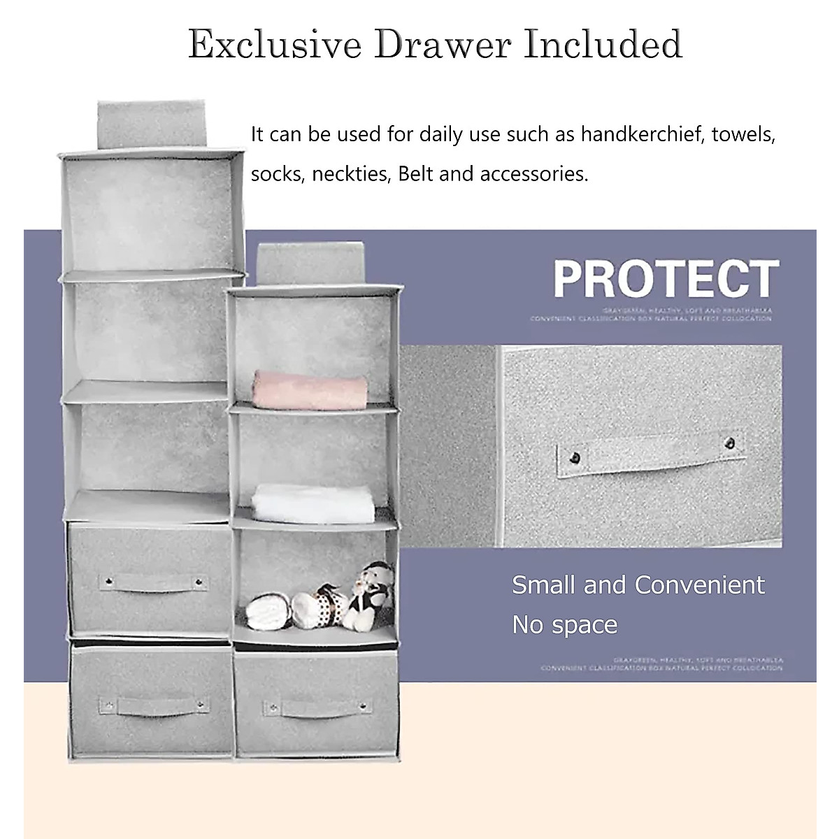 Hanging Closet Organizer with Drawer,Easy Mount Foldable 3-Shelf Closet Hanging Storage Shelves for Clothes Handbag Shoes Accessories Storage,Space Saver,Gray