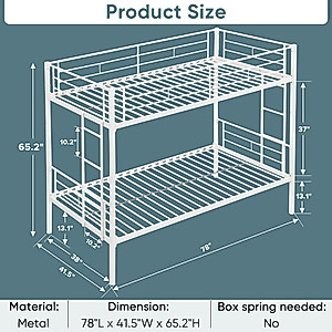 PVWIIK Twin Over Twin Metal Bunk Bed for Kids Boys Girls,Metal Structure Bedframe with Ladders & Guardrail,Convertible 2 Beds,No Spring Box Required,White