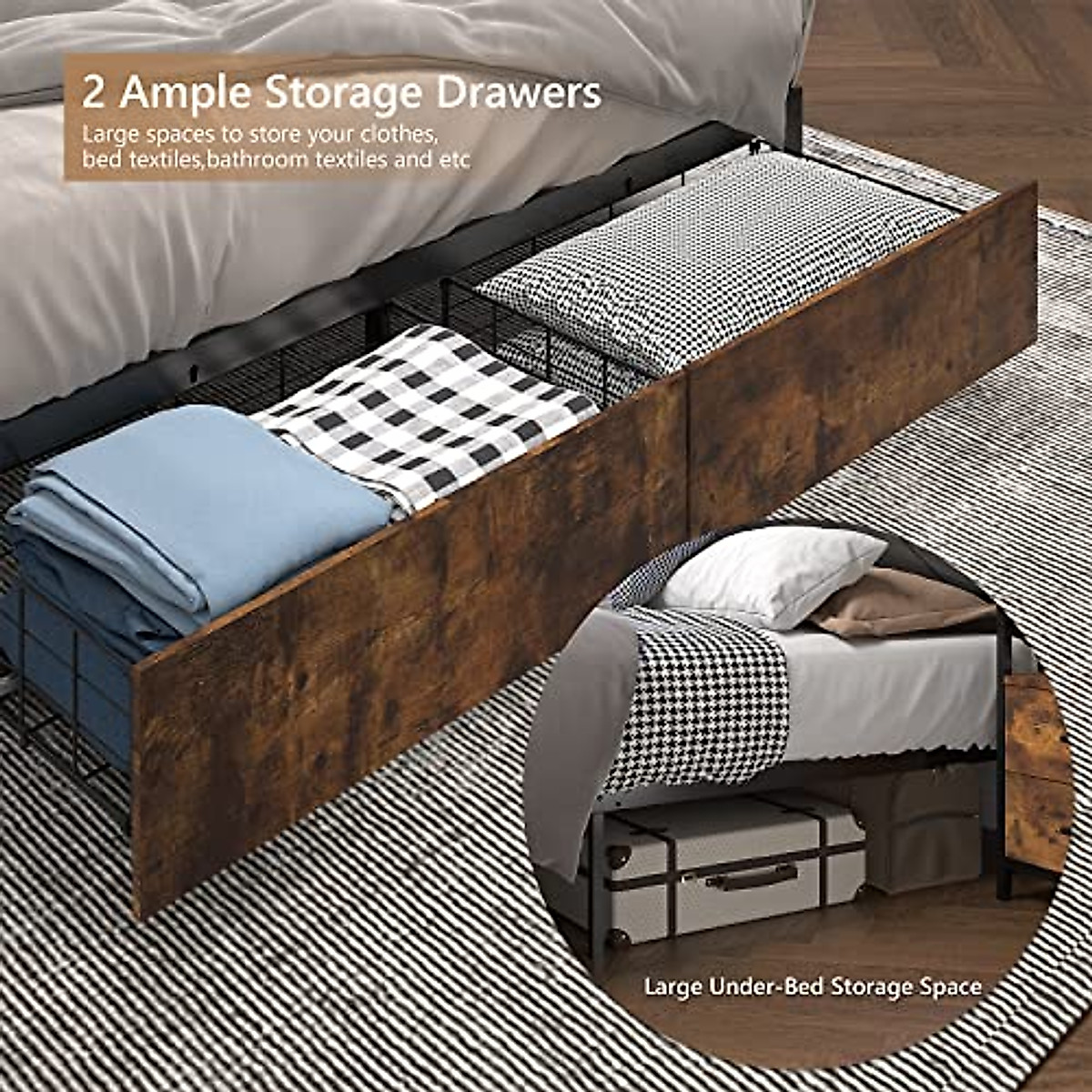 Meitewei Queen Bed Frame with Hidden Storage Headboard and 2 Drawers, LED Smart Bed Frame with Charging Station, Metal Platform Bed Frame Queen Size, No Box Spring Needed, Noise Free, Black