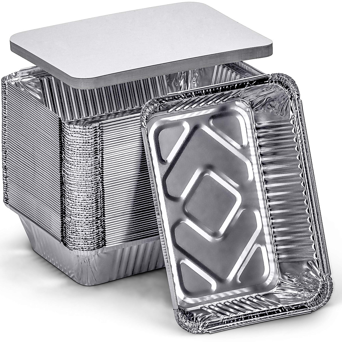 DecorRack 14 Aluminum Pan Disposable with Flat Board Lids, 2.25 Lb Heavy Duty Rectangular Tin Foil Pans, Perfect for Reheating Leftover Food, Baking, Roasting, Meal Prep, to-Go Containers (14 Pack)