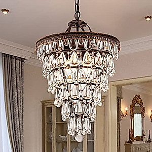 Wellmet Crystal Chandelier,Farmhouse Bronze Bathroom Chandeliers, Foyer Lighting Hanging Pendant Light Fixture for Bedroom Entryway Living Kids Room Corridor Closet