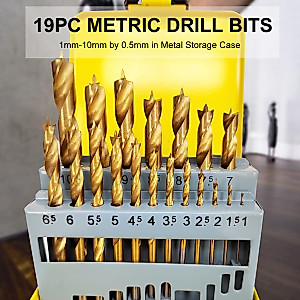 Hymnorq Brad Point Wood Drill Bits 19PC Set, Metric Size 1mm-10mm by 0.5mm in Metal Case, Titanium Coated High-Speed Steel, Perfect for DIY Woodworking Carving Engraving Drilling