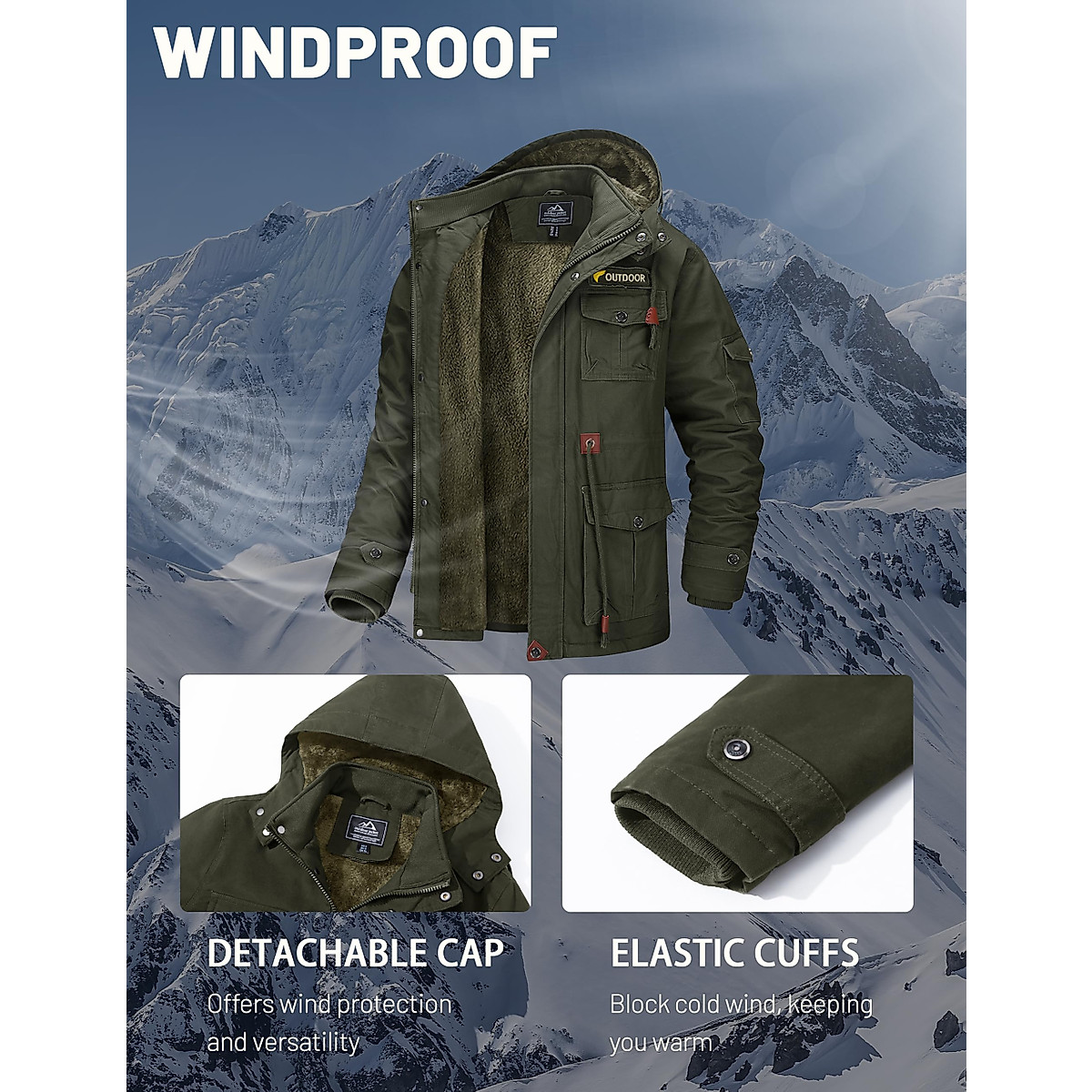 MAGCOMSEN Winter Coats for Mens Military Parka Jacket Fleece Lined Winter Cargo Jackets Army Green L