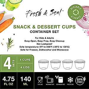 Snack Containers (4 Set) - 4.75 Oz Small Food Storage Cups with Lids - Fruit, Nuts, Sauce, Condiments, Salad Container for Lunch Box - Reusable Dessert Cups, Microwave and Freezer Friendly, BPA-free (S/4 Multi)