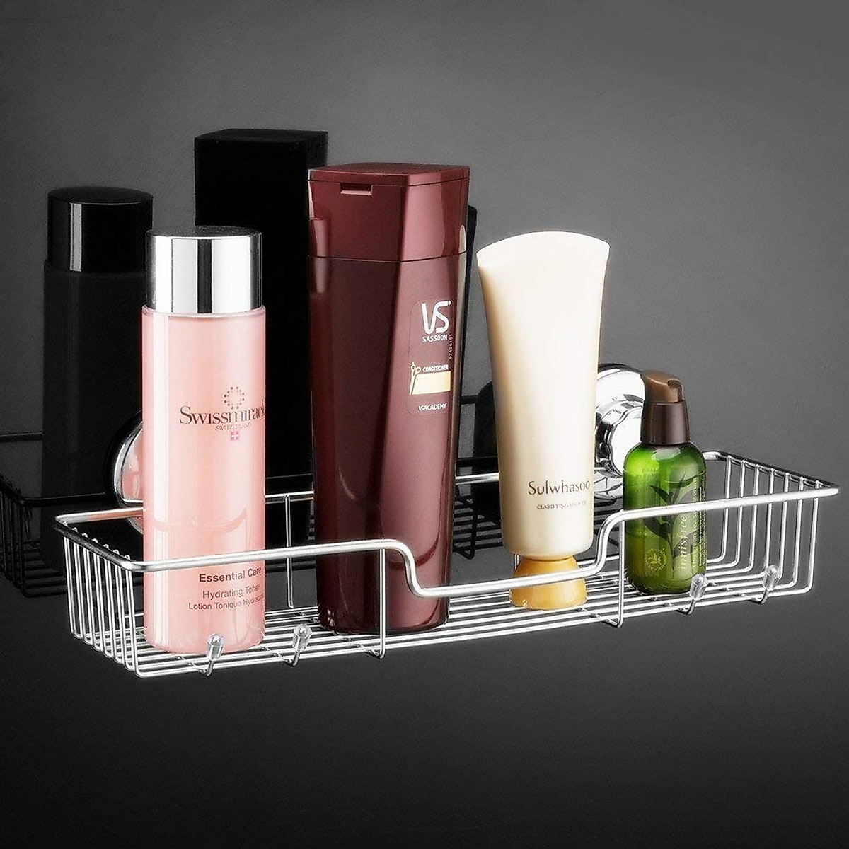 MONOKIT Shower Caddy Suction Cup Basket-Command Bathroom Shower Wall Caddy Organizer Shelf with Hooks Stainless Steel Large Shampoo Shower Holder Shelves for Bath, Drill Free and Never Rust