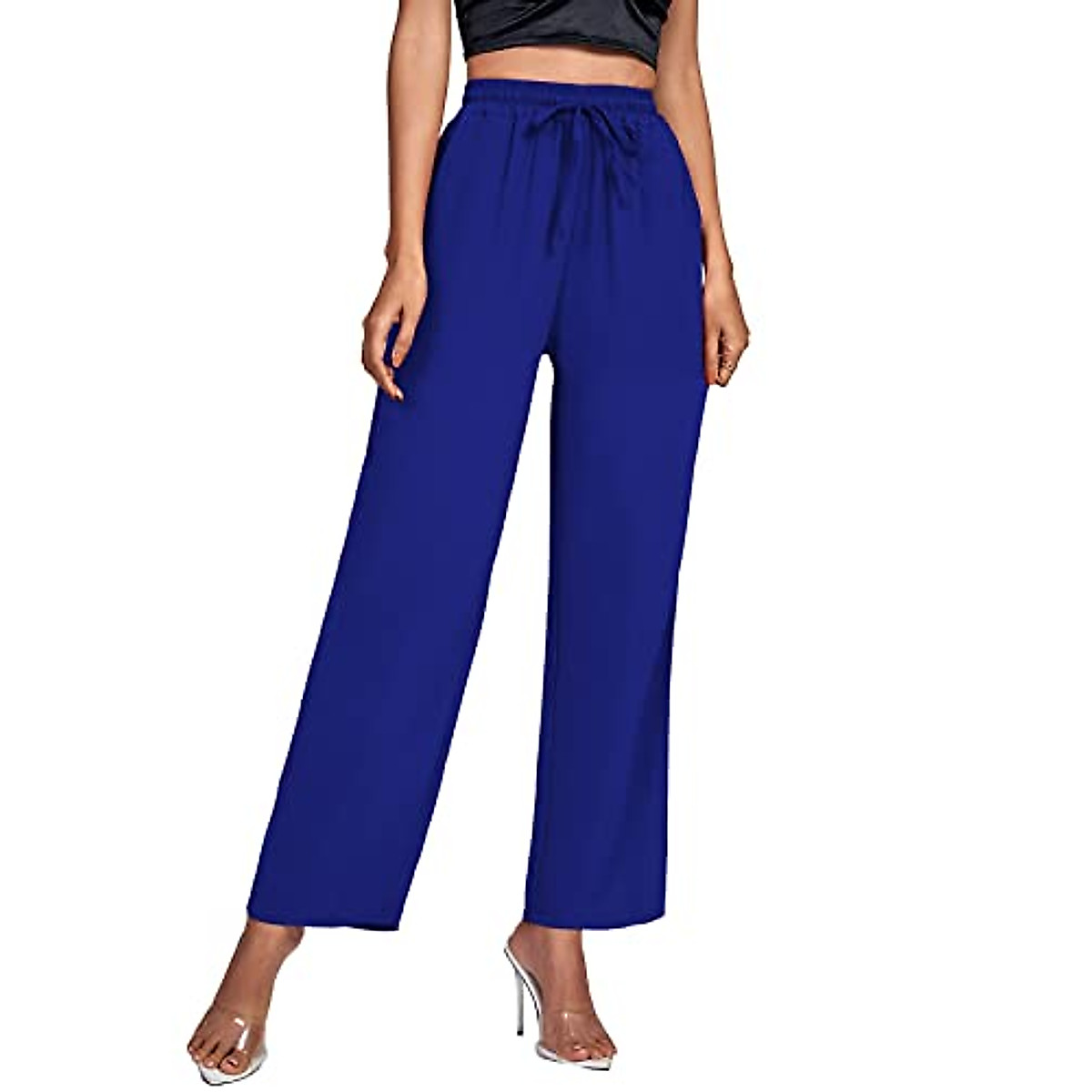 Umenlele Women's Casual Drawstring Elastic High Waist Pants Sport Yoga Jogger Trousers with Pockets Royal Blue Medium