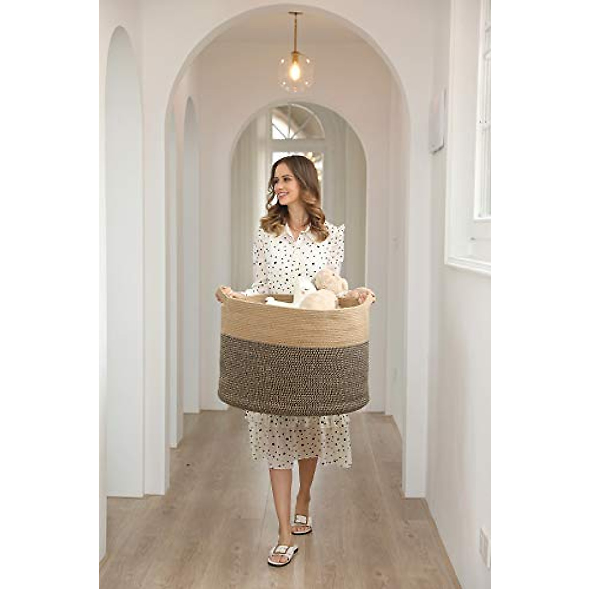 24" x 24" x 17" Max Size Large Cotton Rope Basket, Extra Large Storage Basket, Woven Laundry Hamper, Toy Storage Bin, for Blankets Clothes Toys Pillows in Living Room, Baby Nursery, Jute/Black Mix