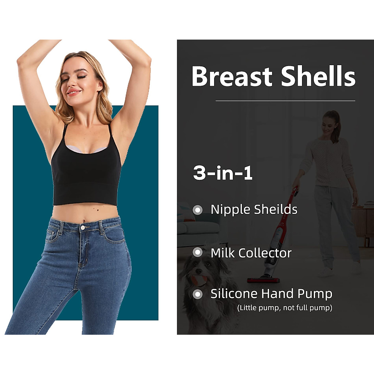 3-in-1 Breast Shells for Sore Nipples | Milk Collector | Breast Pump with Natural Suction | Fit in Bra, Kick-Proof, Not Elephant Trunk When Wearing | Nipple Shells | Anti Dirt Case | 4oz/120ml, 2Pcs