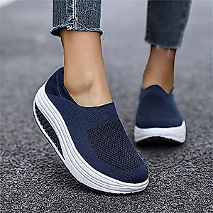 Sneakers for Women Womens Shoes Dressy Casual Wedge Orthopedic Mesh Air Chunky Sole Hidden High Heels with Arch Support Dark Blue