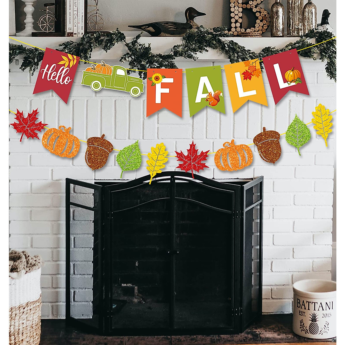 CAVLA Hello Fall Banner and Glittery Maple Leaves Pumpkin Acorns Patterns Banner Autumn Harvest Bunting Banner with Pumpkin Truck Signs Fall Thanksgiving Party Banner for Wall Mantel Fireplace Party