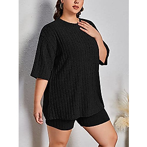 Verdusa Women's Plus Size Lounge Sets 2 Piece Ribbed Half Sleeve Top and Shorts Black 4XL
