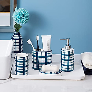 Ceramic Bathroom Accessories Set, Bath Vanity Countertop Blue Plaid Accessory Sets Complete, with Soap/Lotion Dispenser, Toothbrush Holder, Tumbler, Soap Holder