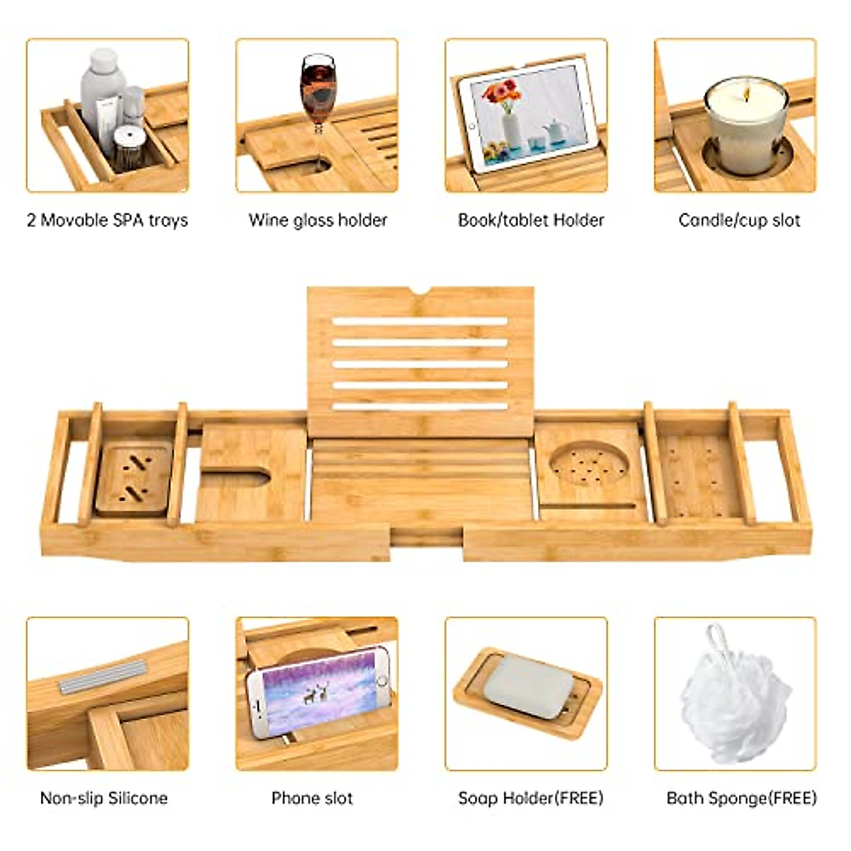 Bamboo Bathtub Tray for Luxury Bathroom, Expandable Premium Bath Tray w/Soap Towel Book Holder, Adjustable Bath Accessories for Tub,Extendable Tub Tray w/Wine Glass Cup Organizer 29.5"-43.3" Nature