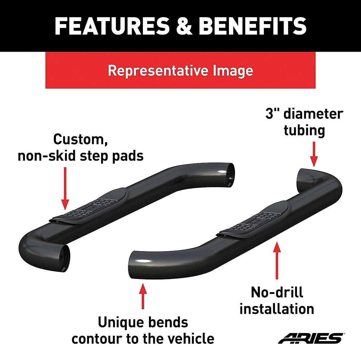 ARIES 35800 3-Inch Round Black Steel Nerf Bars, No-Drill, Select Jeep Wrangler JK