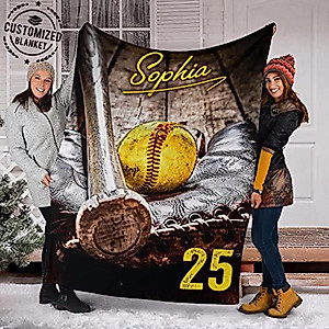 OhaPrints Custom Softball Old School Ball Gift for Fan Lovers Personalized Name Number Soft Sherpa Throw Blankets Cozy Fuzzy Fleece Throws for Tv Sofa Couch Comfy Fluffy Blanket 30X40 50X60 60X80