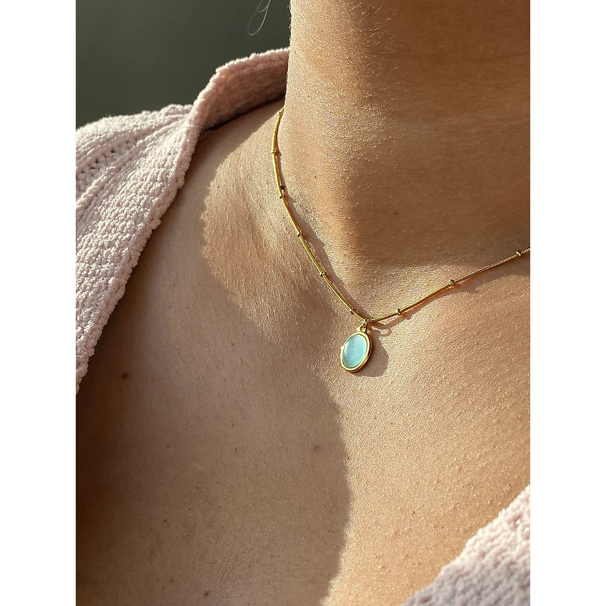 Moonffay Green Created Opal Stone Pendant Gold Necklace for Women,Charm Plated 18k Gold Stainless Steel Snake Chain Non Tarnish Choker Necklaces Woman Jewelry