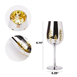 Crystal Winter Tree Wine & Water Glasses - Set of 2 - Gold Themed Vibrant Etched Winter Snow Wonderland Frosted Glass, Perfect for Themed Parties, Gifts for Him & Her Trees Décor