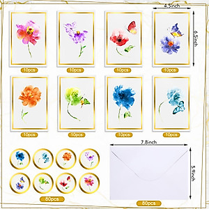 Colarr 80 Sets Watercolor Flowers Greeting Cards Floral Blank Cards Bulk with Envelopes Stickers Stationary Notecards Gold Foil Greeting Cards Gift Set for Birthday Mother's Day 4 x 6 Inches