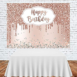 Pink Rose Golden Birthday Party Backdrop Glitter Diamonds Happy Birthday Background Girls Sweet 16 18th 21th Birthday Party Decorations Cake Table Banner Supplies 7x5ft