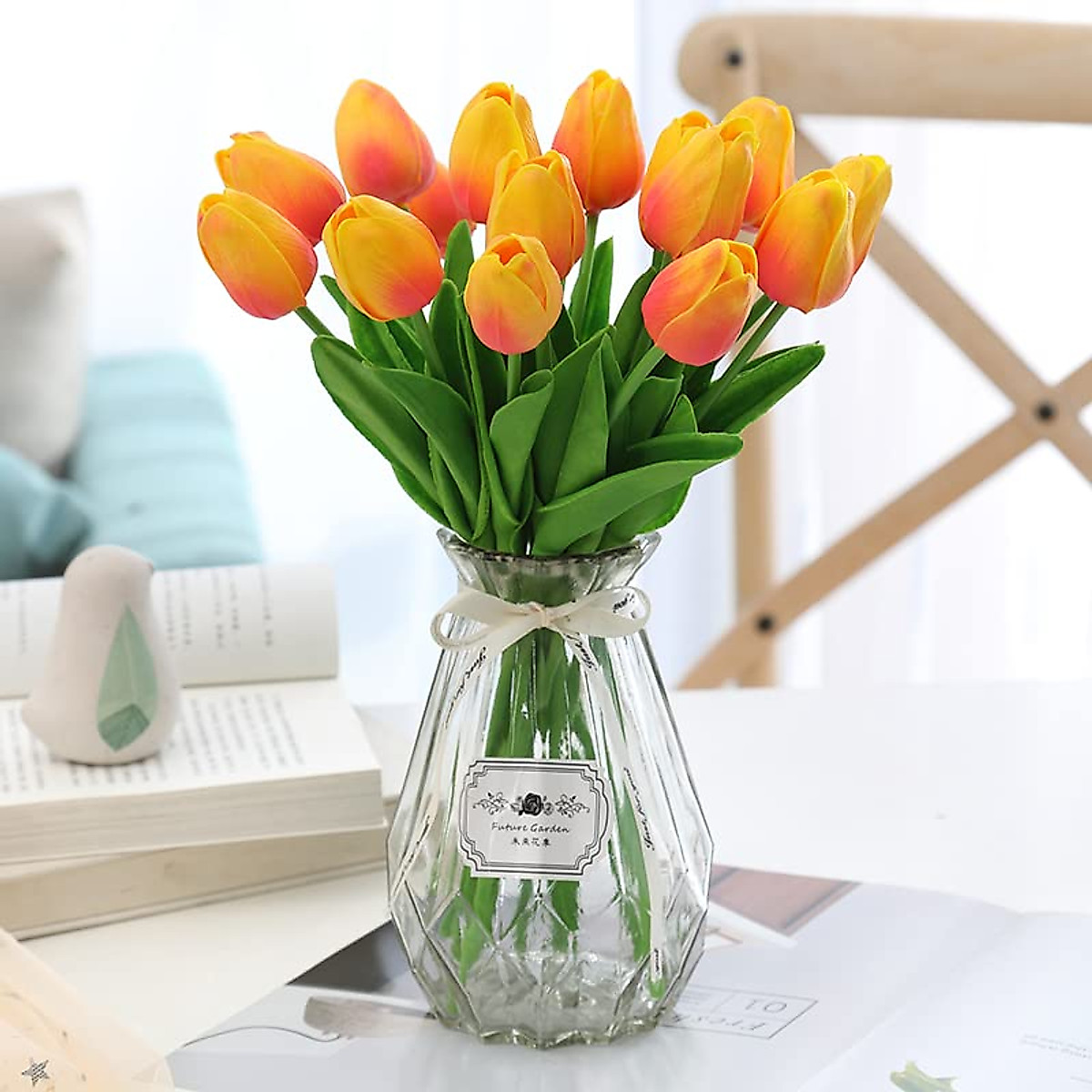 20Pcs Sunset Artificial Tulips Flowers Faux Realistic Tulip Bouquet Real Touch Sunset Flowers for Wedding Party Home Garden Office DIY Floral Arrangement Decor(Sunset)