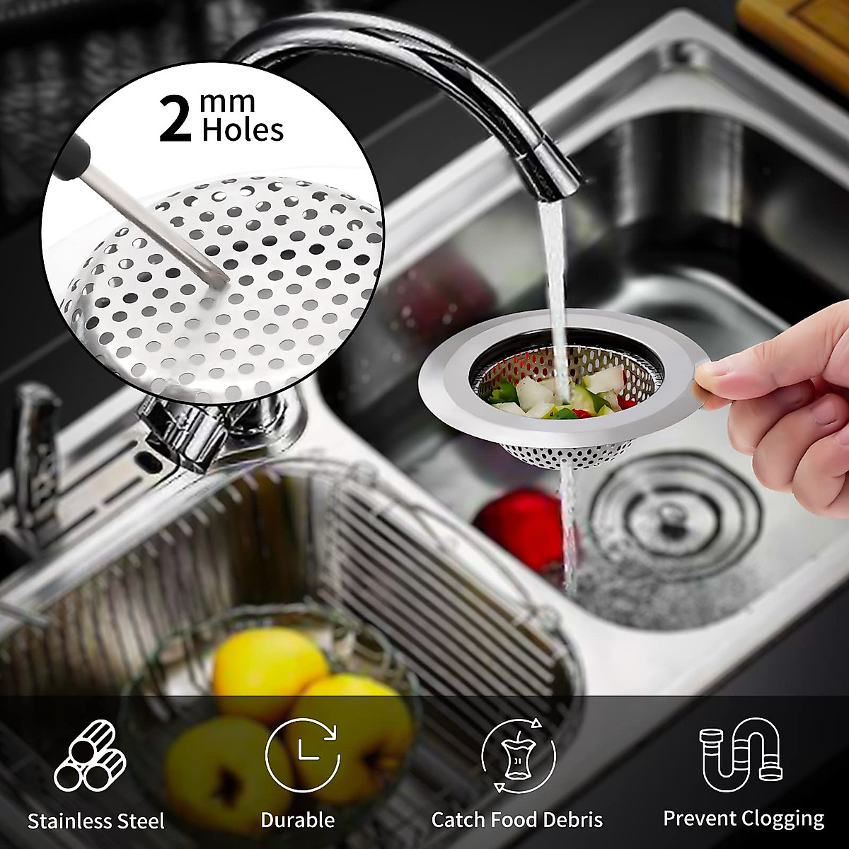 3 Pack Kitchen Sink Strainer Stopper Kit, Universal Silicone Drain Cover, Large Wide Rim 4.5" Stainless Steel Sink Drain Strainer, Food Catcher for Kitchen Sink