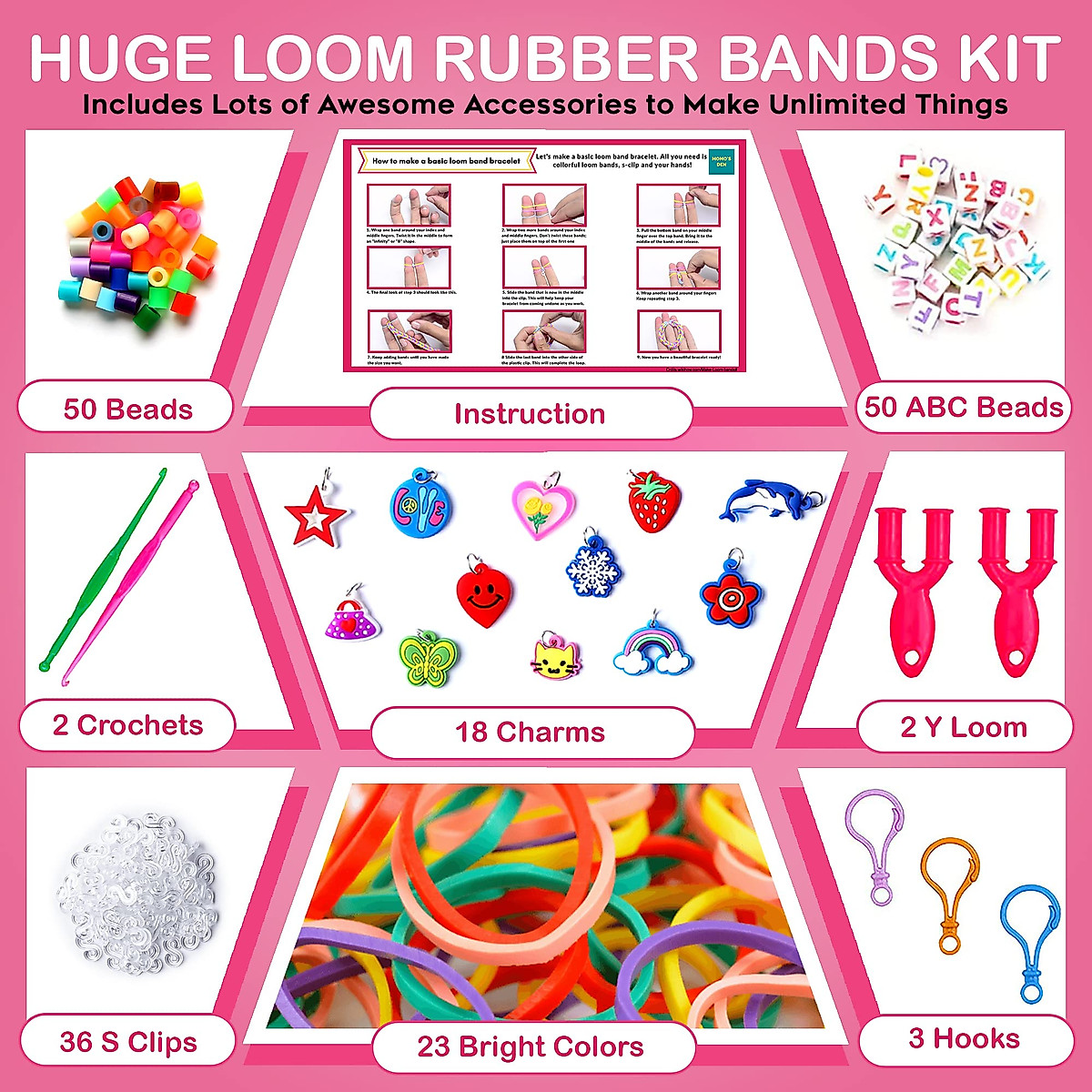 Momo's Den 2100+ Rubber Band Loom Bracelet Kit Loom Bands Kit Best Gifts for Birthday and Easter with Premium Accessories Bright Color Bands, Rubber Band Refill Kit for Girls & Boys