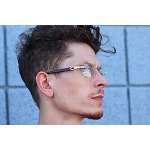 Elite Slim Rimless Rectangular Metal & Wood Art Aviator Sunglasses (Cherry Gold Clear)