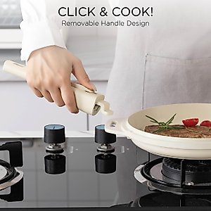 Country Kitchen 6 PC Stackable Pot Set, Nonstick Detachable Handle Cookware, Cookware Set with Removable Handle, Healthy Non Stick RV Cookware (Cream)